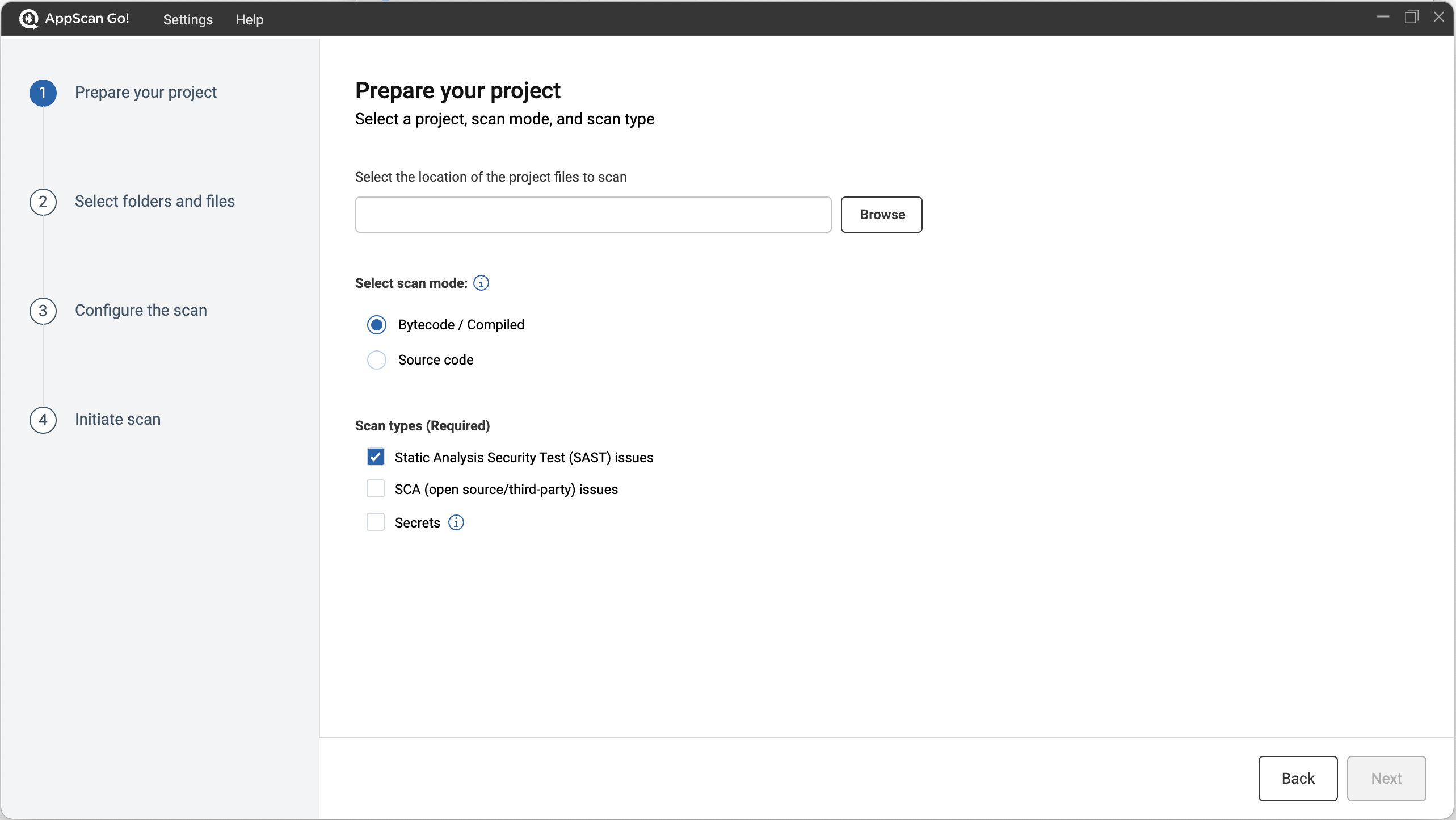 Configuring a scan using AppScan Go!