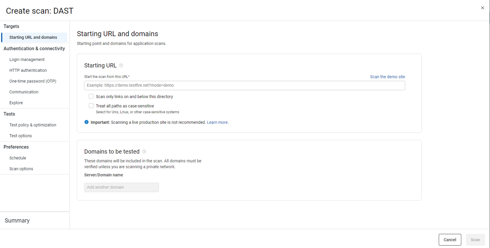 Creating a web application scan