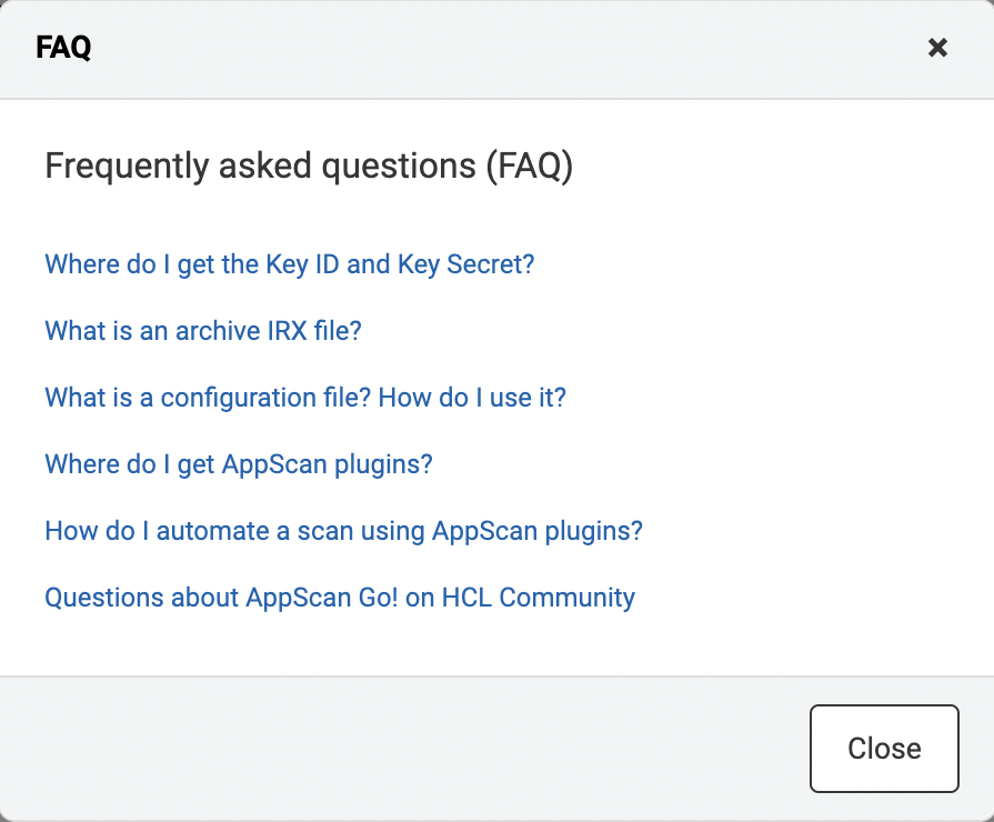 AppScan Go! Settings and Help menus