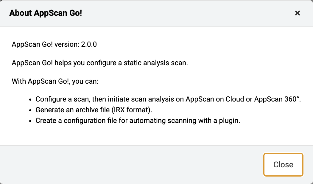 Menus Paramètres et Aide de AppScan Go!