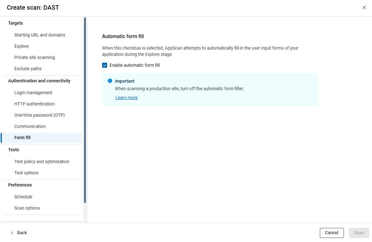 Creating a web application scan