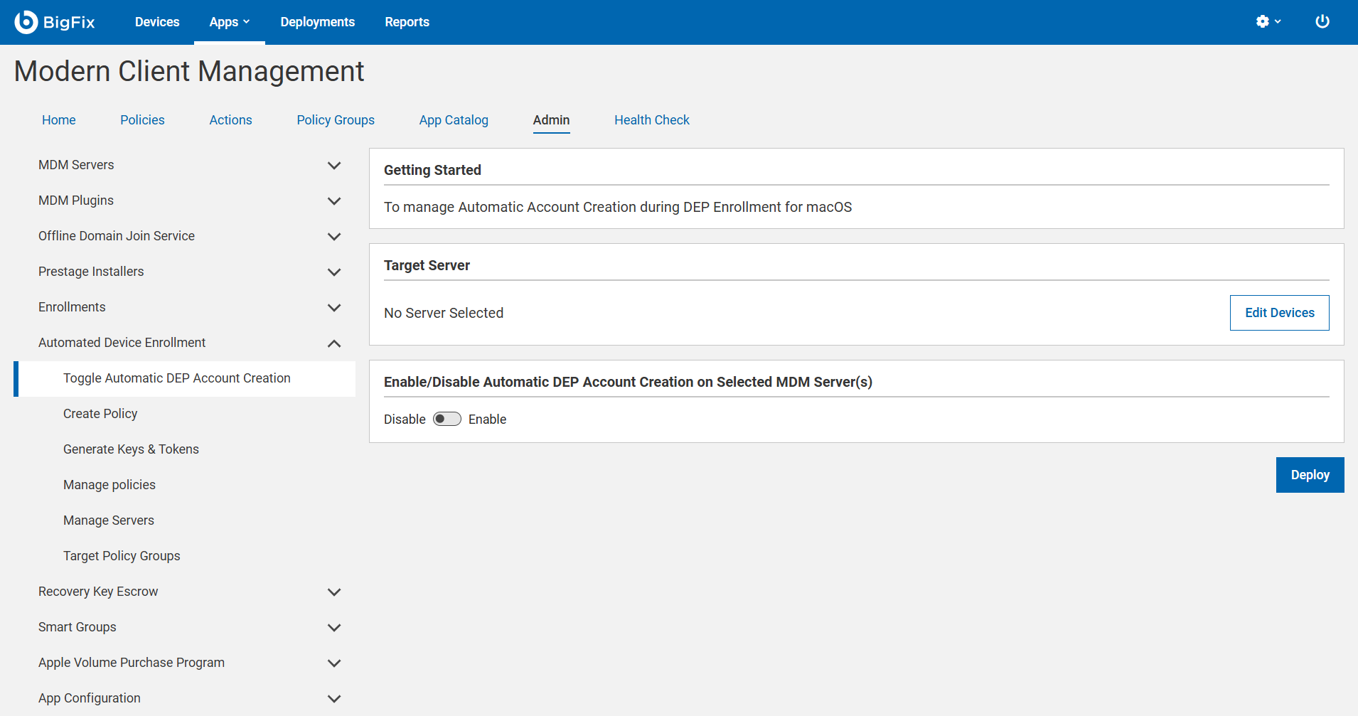 Toggle automatic DEP account creation