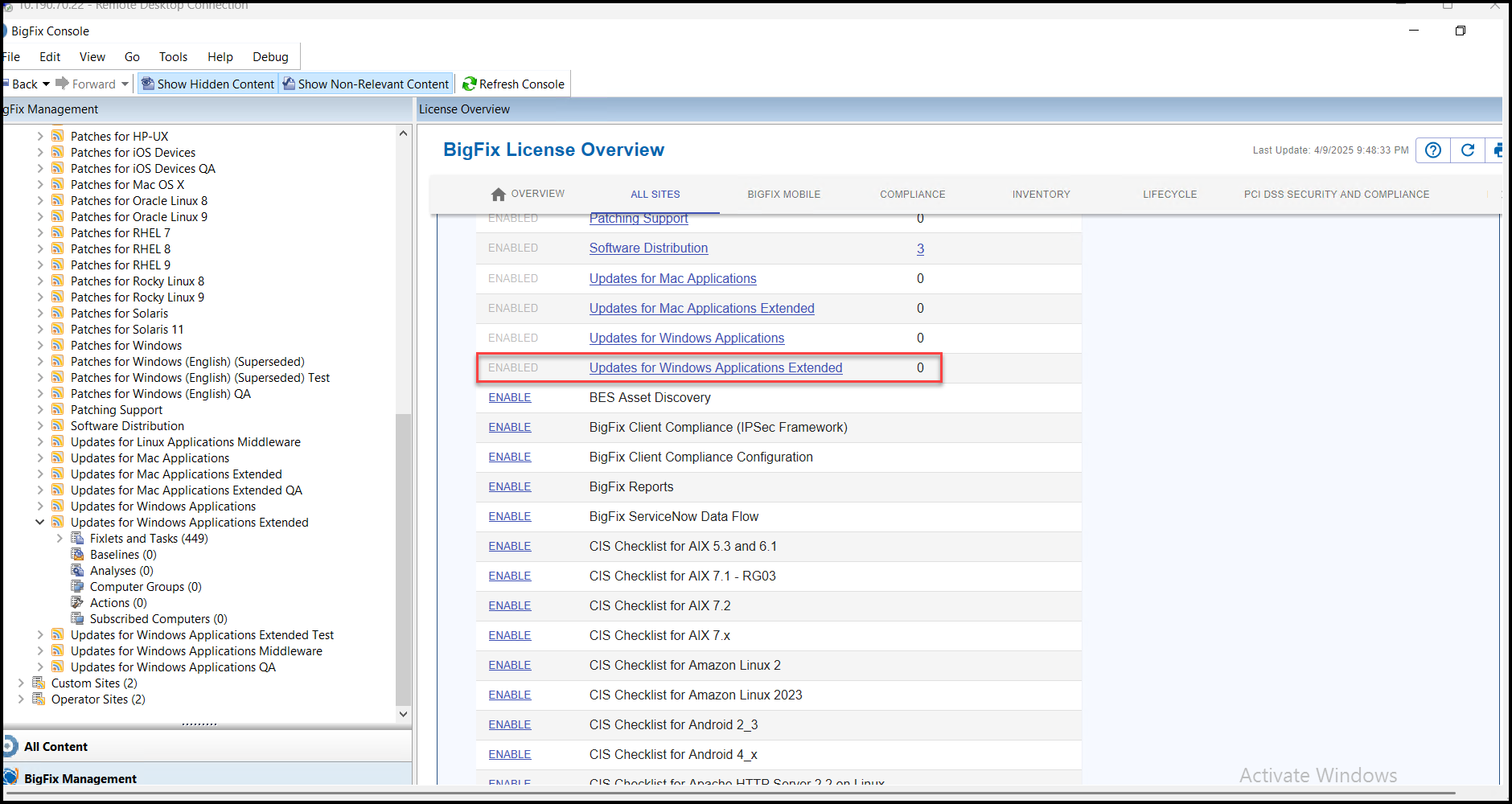 Enabling Updates for Windows Applications Extended site
