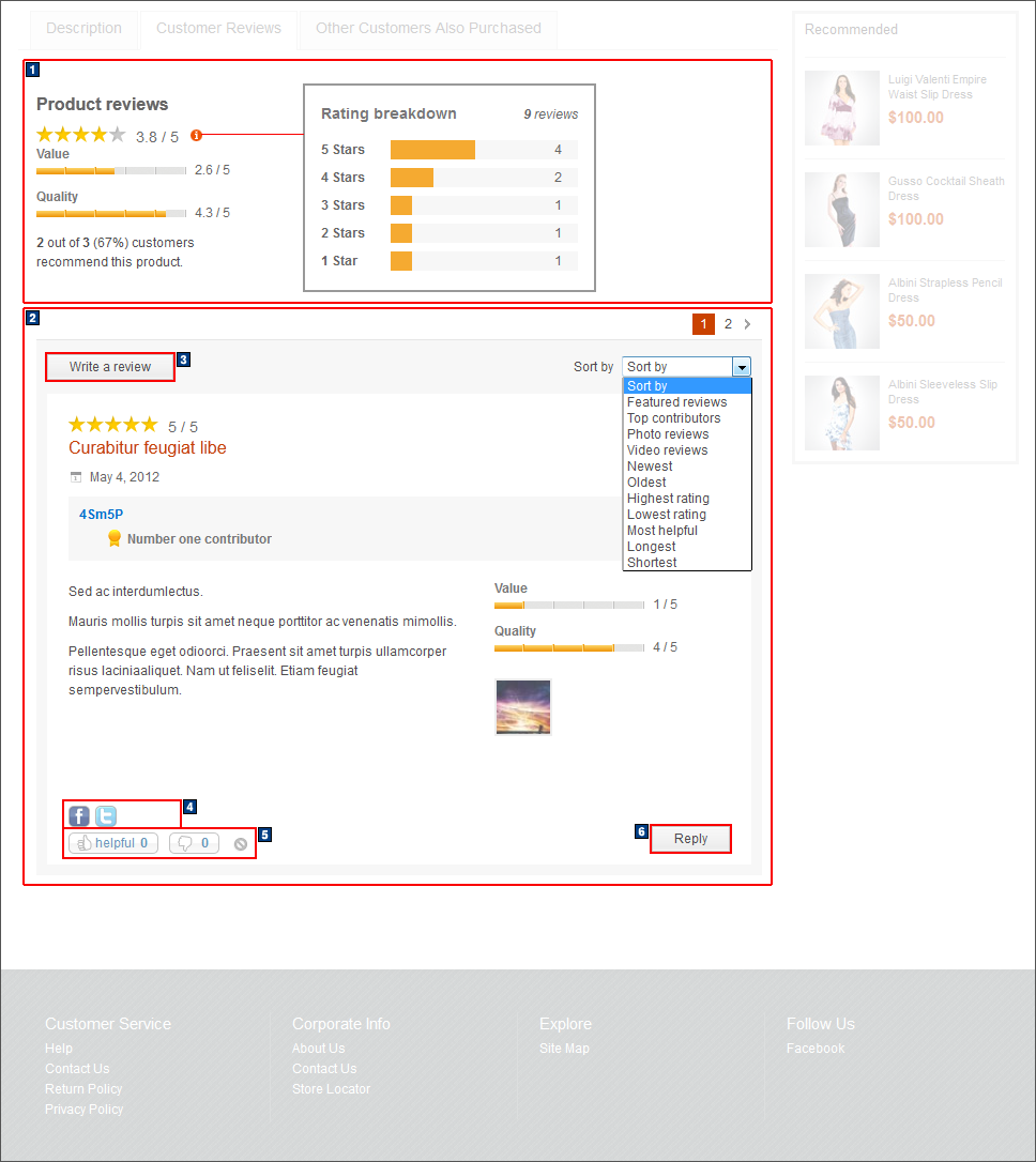 Elements of the Product details page: Customer Reviews pane