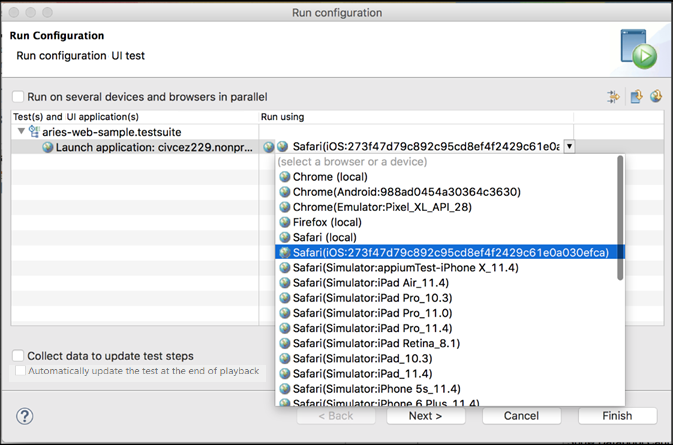 Running a Web UI test by using industry-standard mobile browsers